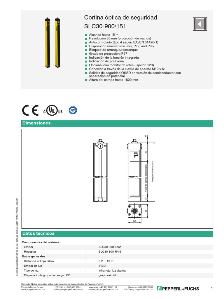 Cortina Óptica de Seguridad SLC30-900/151: Dimensiones | PDF