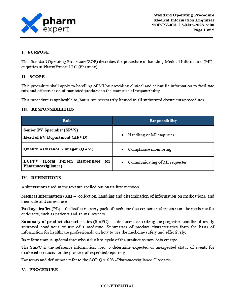 DEMO SOP PV 018 Medical Information Enquiries WWW - Pharmex.co | PDF | Pharmacovigilance | Medicine