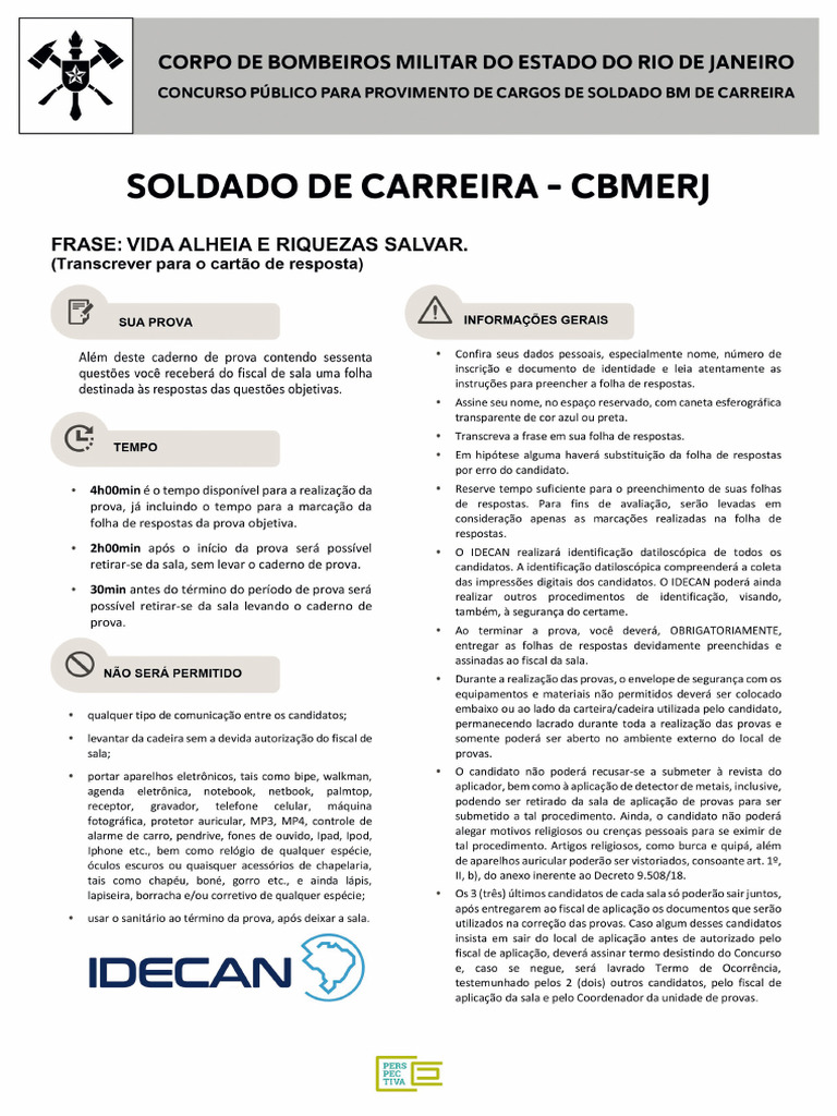 Simulado - Soldado Cbmerj - Modelo Idecan | PDF