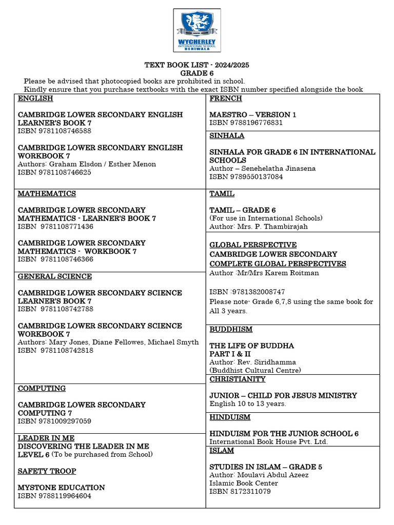 6 Text Book List 2024-2025 | PDF