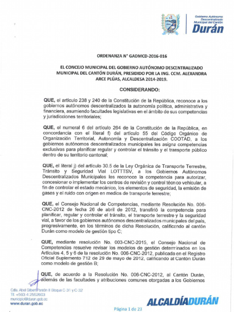 Ordenanza Que Regula El Servicio Público de Revisión Técnica Vehicular RTV para La Ciudad de ...