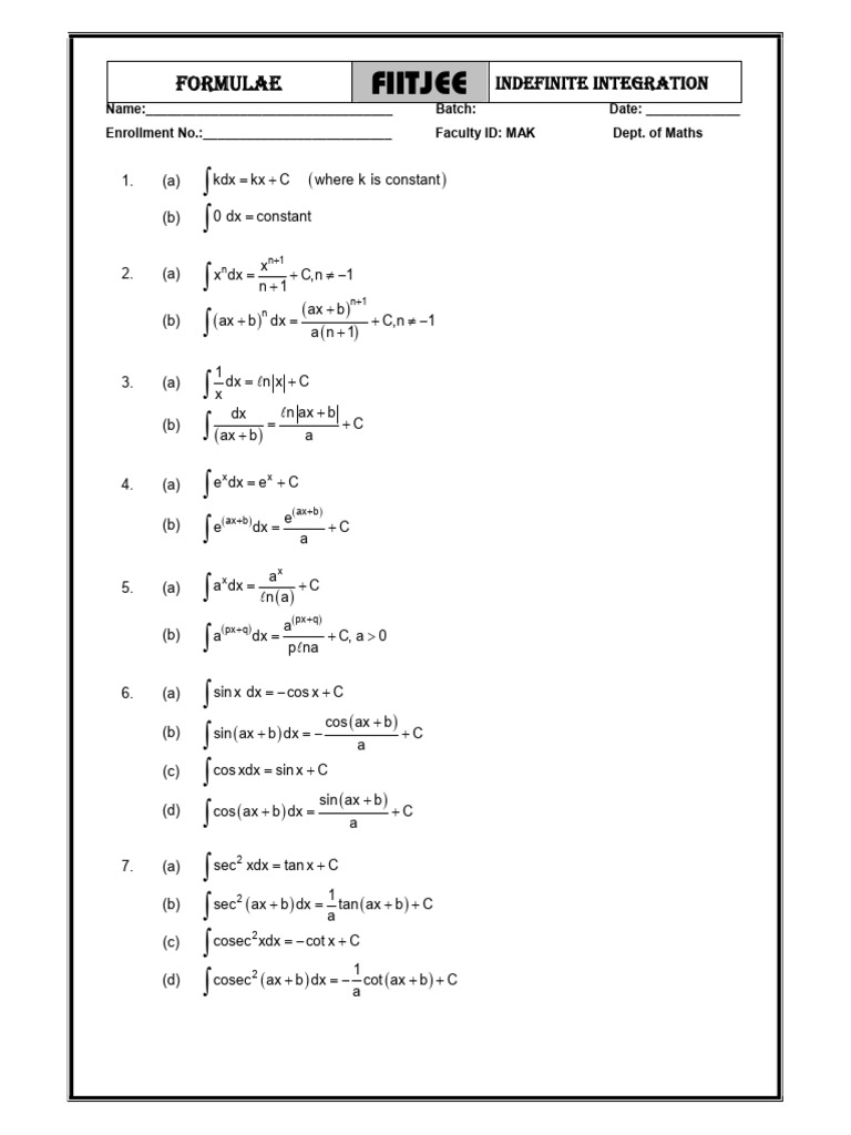 Indefinite Integration Formulae | PDF