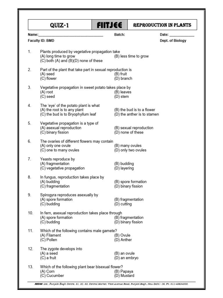 Reproduction in Plants Quiz-1 BMD | PDF
