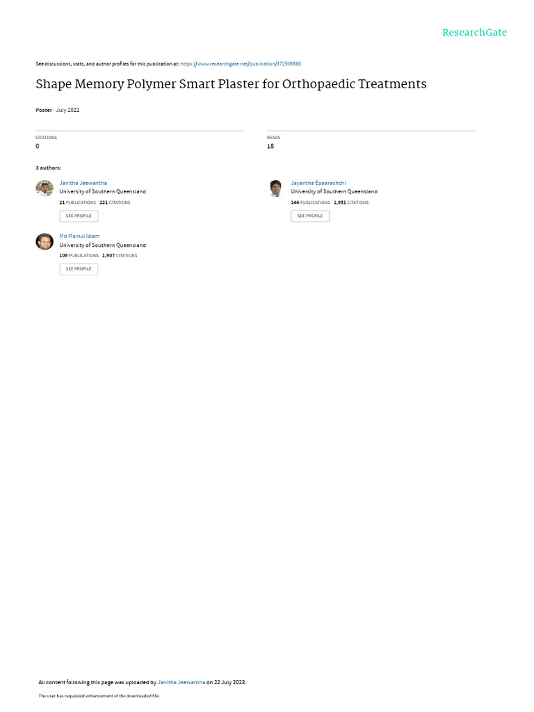 Shape Memory Polymer Smart Plaster For Orthopaedic Treatments | PDF