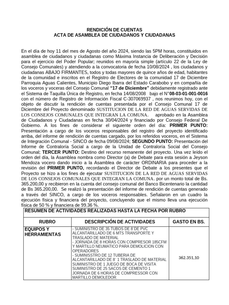 Rendicion Acta 17 de D | PDF | Responsabilidad | Hogar, jardinería y bricolaje