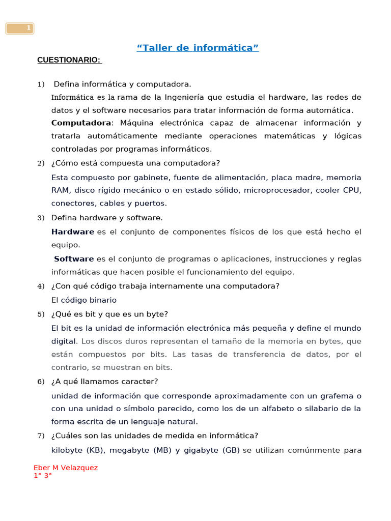 Informatica Cuestionario Velazquez Eber | PDF