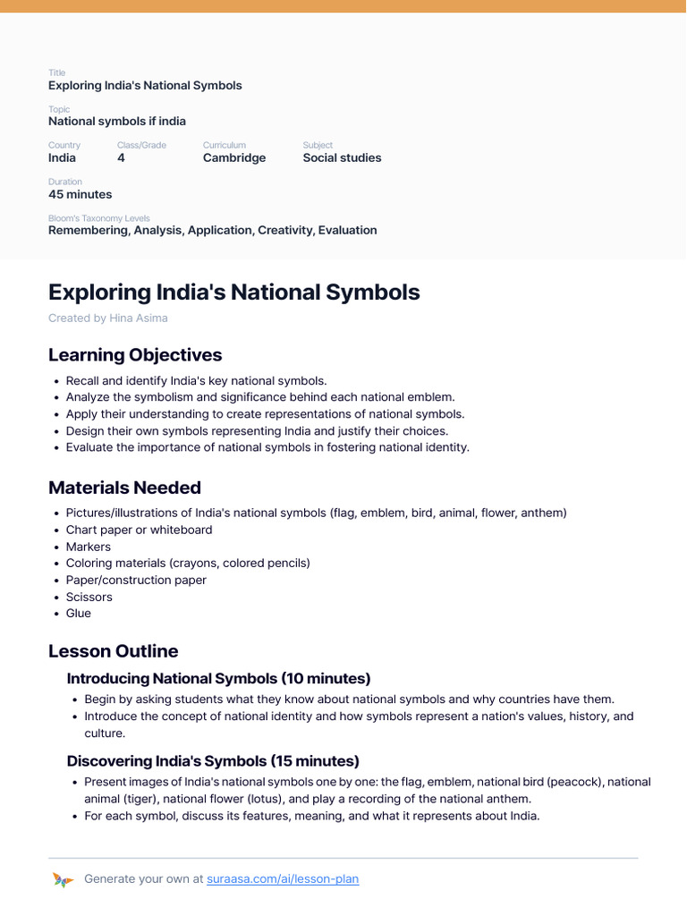 Lesson Plan - Exploring India's National Symbols | PDF