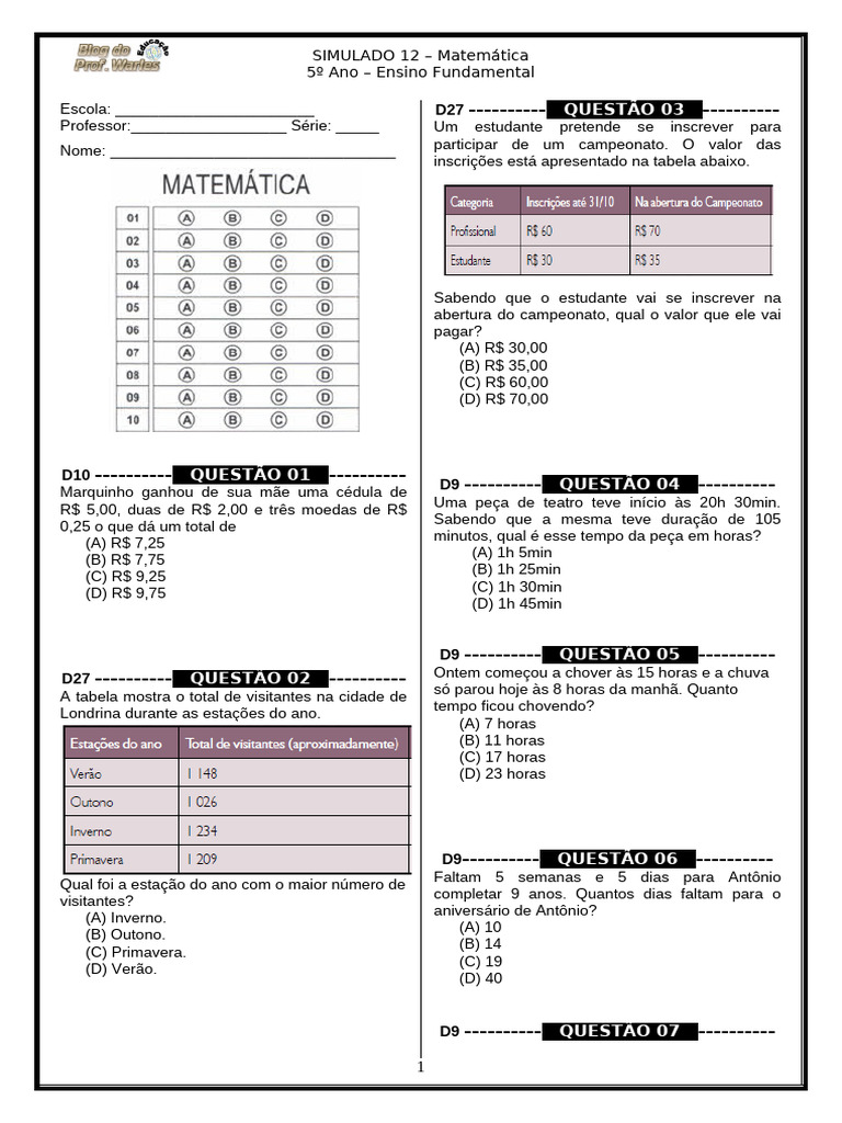 Simulado 12 (Mat. 5º Ano) - Blog Do Prof. Warles 2 | PDF