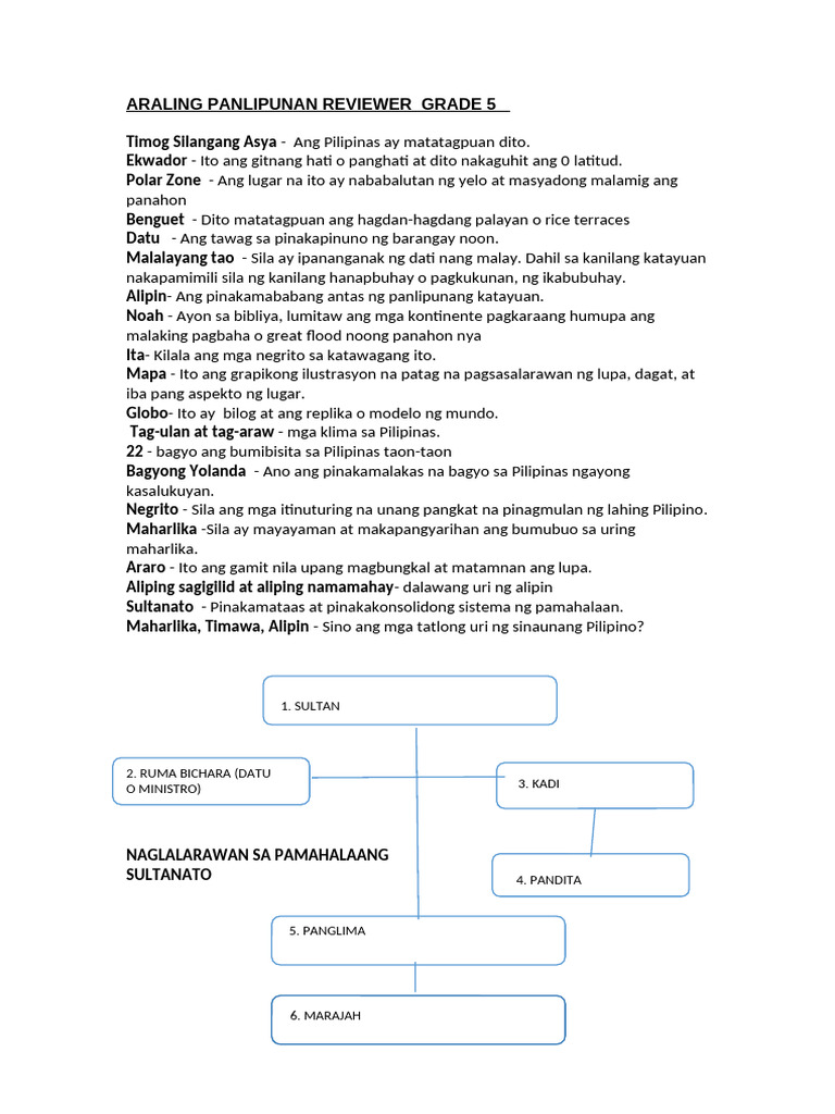 Araling Panlipunan Review Grade 5 | PDF