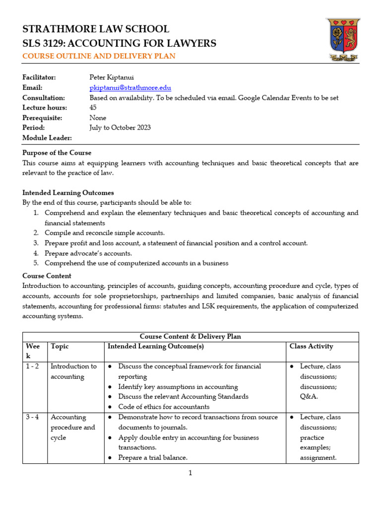 SLS 3129 - Course Outline Accounting For Lawyers 2023 | PDF