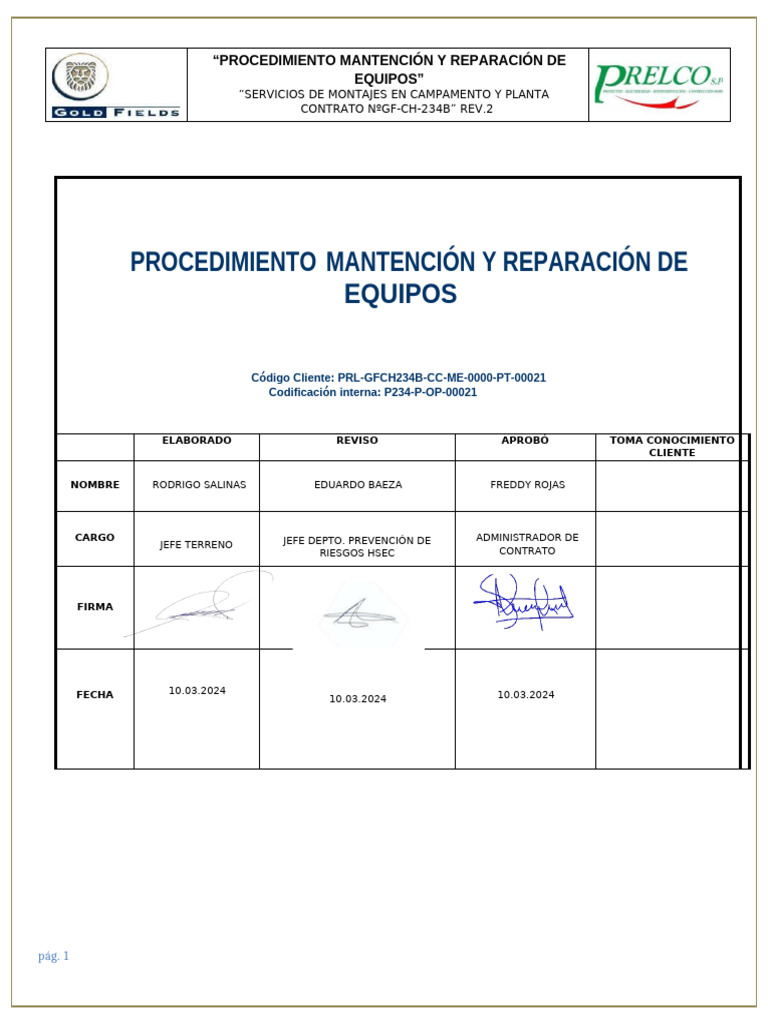PRL-GFCH234B-CC-ME-0000-PT-00021 - Procedimiento de Mantención y Reparación de Equipos Rev. 2 | PDF
