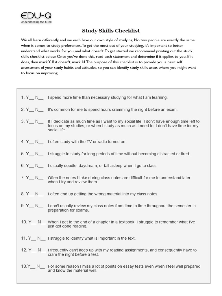 Study Skills Checklist | PDF Study Skills Checklist | PDF