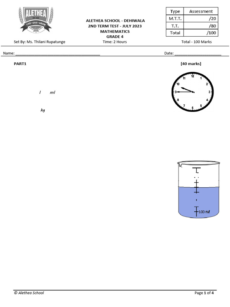Maths 2nd Term Test Grade 4 2023 | PDF