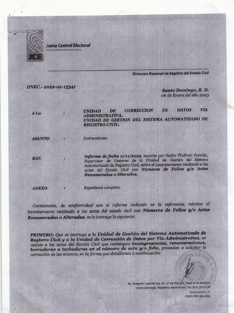 Oficio de Numero de Acta | PDF