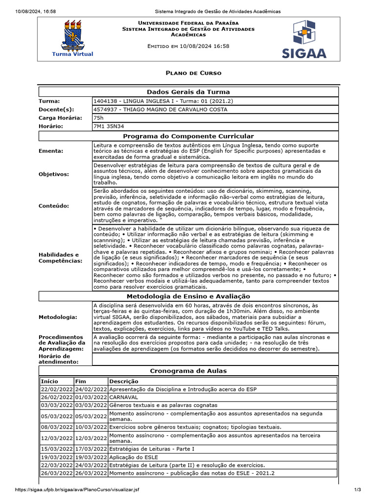 Ementa Ingles Instrumental Ufpb | PDF