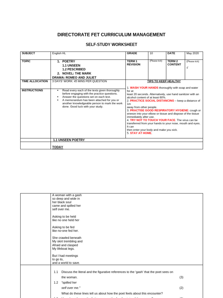 C ENGLISH HL GRADE 10 P2 WORKSHEET | PDF