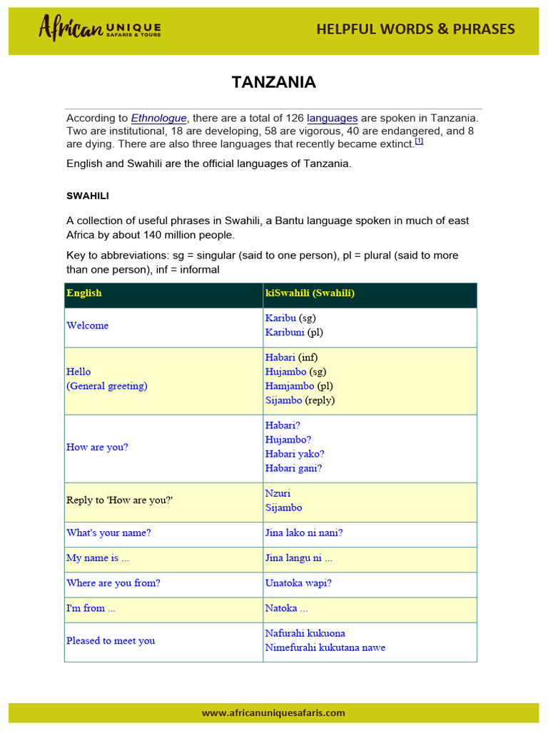 Tanzania Helpful Words and Phrases | PDF