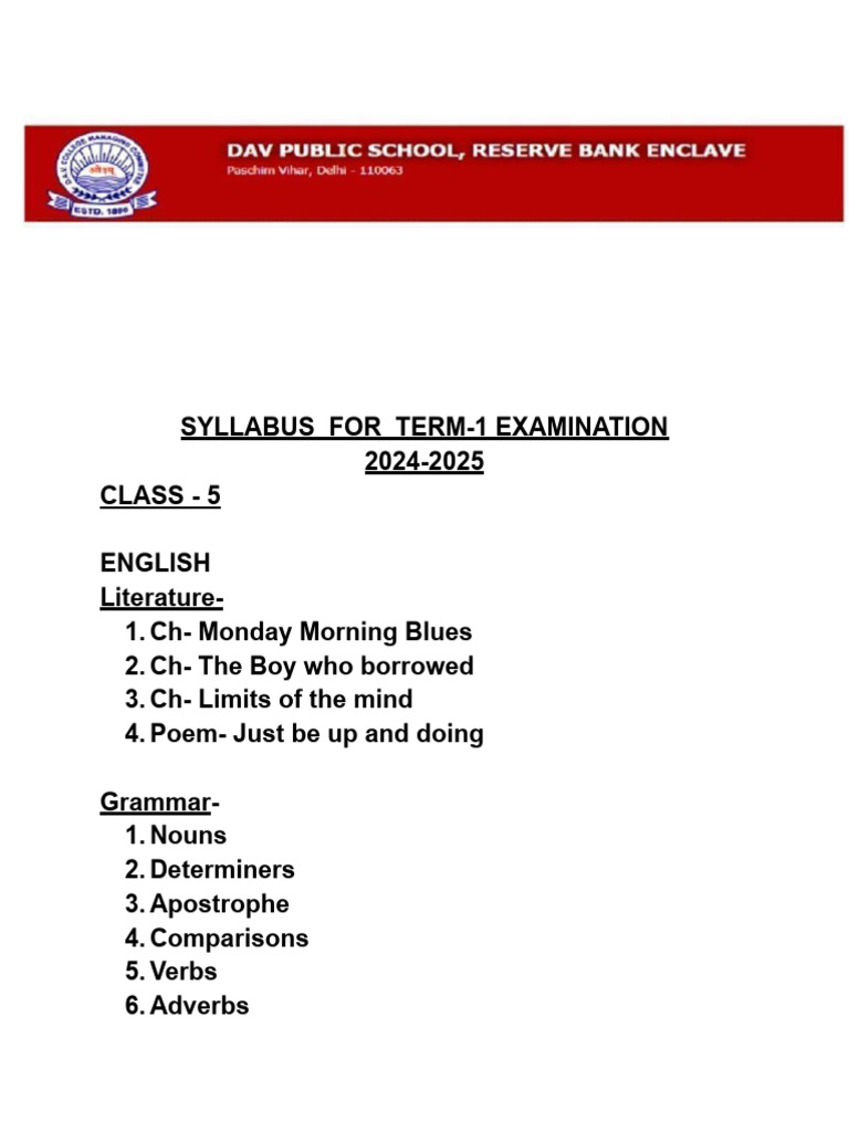 Class 5 SYLLABUS FOR TERM-1 EXAMINATION | PDF