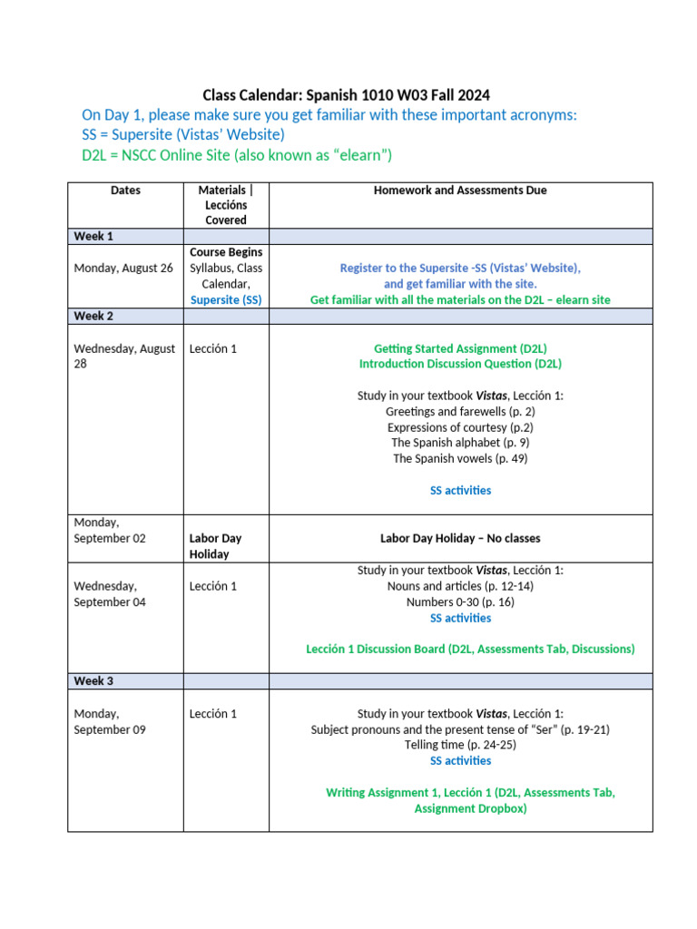 Class Calendar SPAN 1010 W03 | PDF