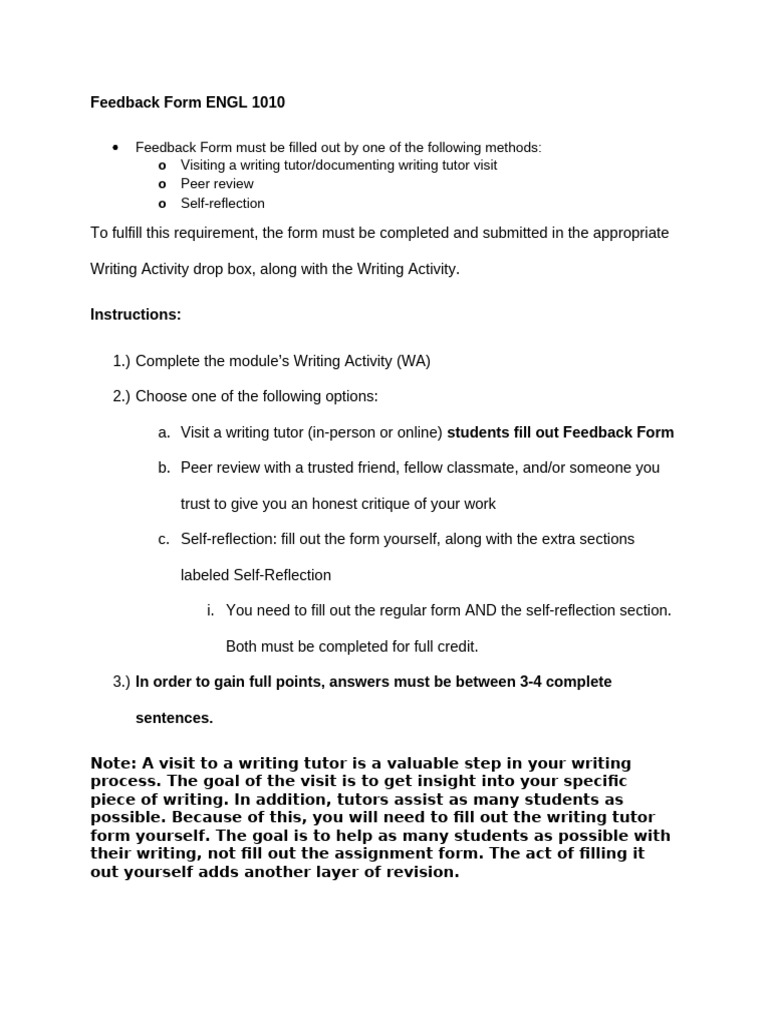 Feedback Form ENGL 1010 Revised (1) | PDF