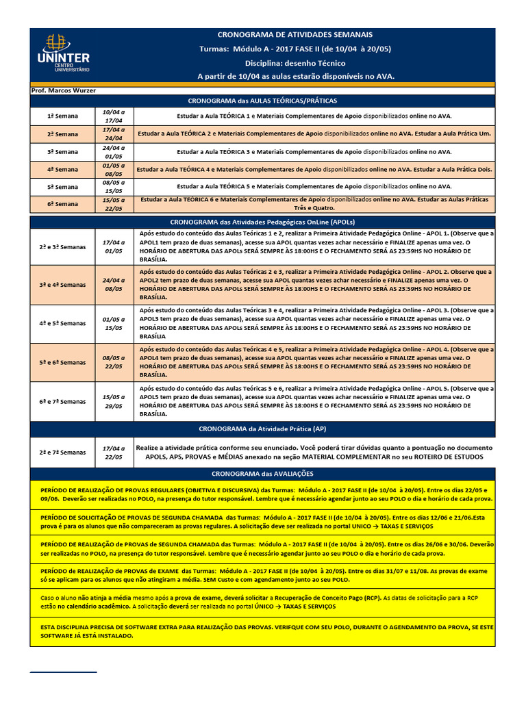 Cronograma Semanal-Ead 2° Fase 2017 | PDF