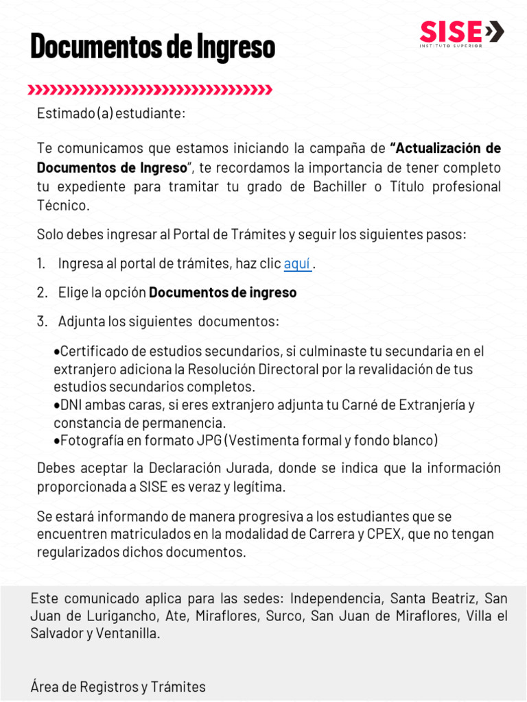 Documentos de Ingreso SISE | PDF
