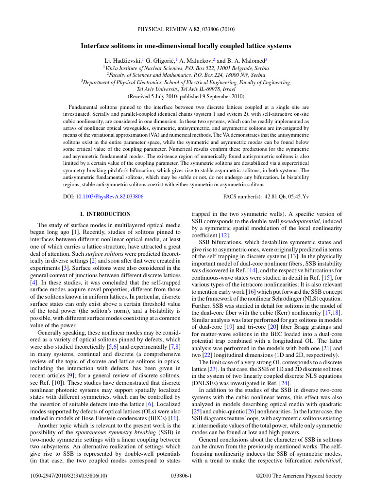 6-Interface Solitons in Onedimensional Locally Coupled Lattice Systems | PDF