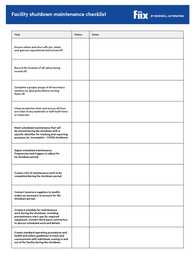 Facility Shutdown Maintenance Checklist | PDF