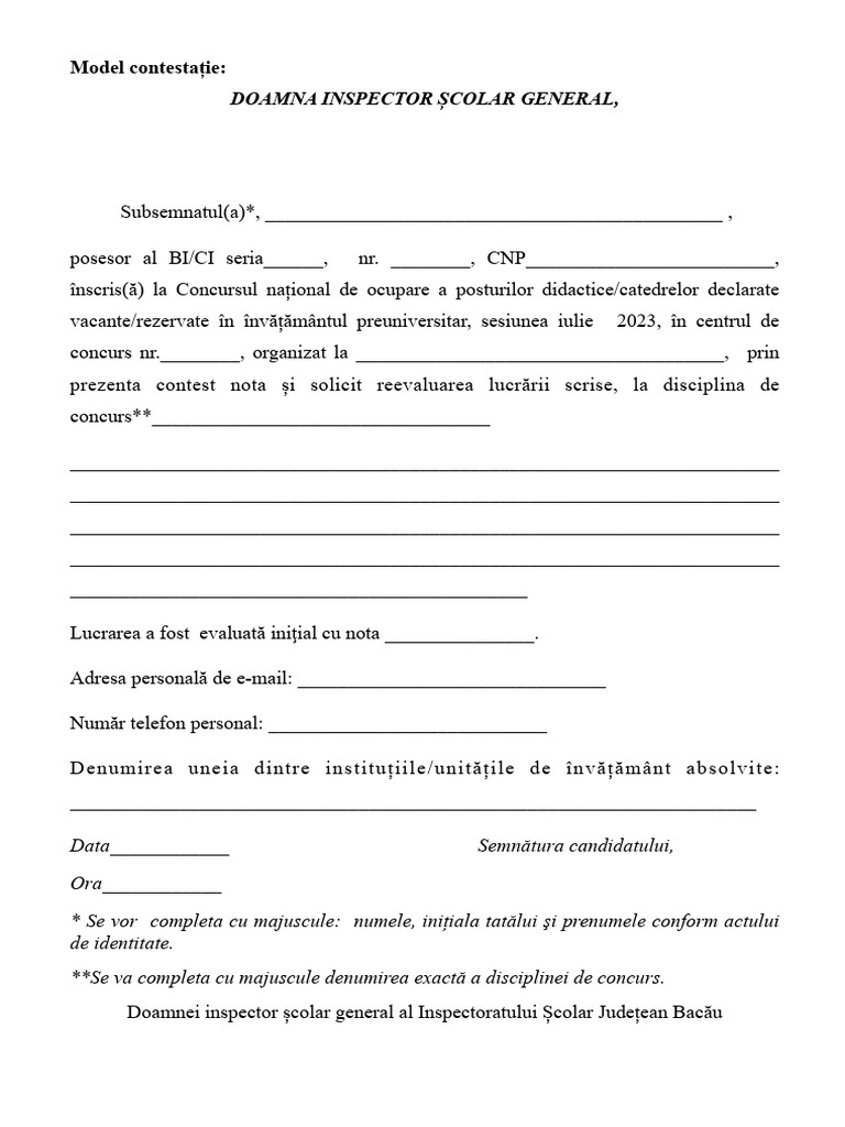 Model Cerere Contestatie Titularizare 2023 Isj Bacau | PDF