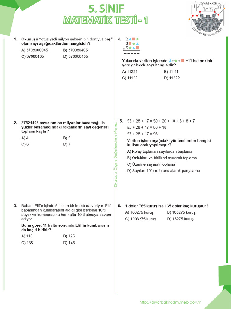 Sınıf Matematik 1. Ünite Test Ve Cevapları PDF | PDF
