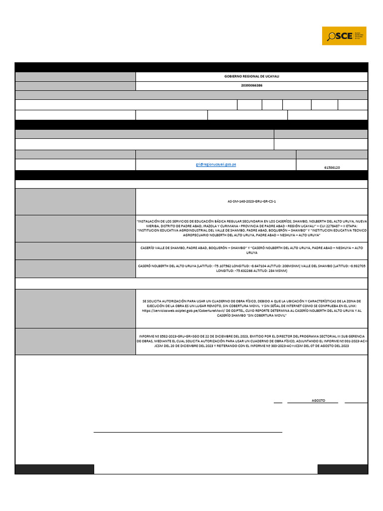 Directiva 009-2020-OSCE - CD Anexo 01 Solicitud para Uso de Cuaderno de Obra Físico | PDF