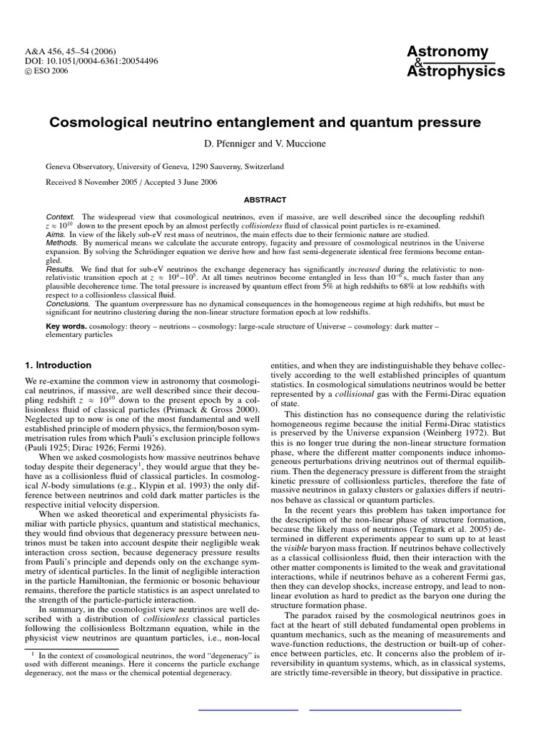 Cosmological Neutrino Entanglement and Quantum Pressure: Astronomy ...