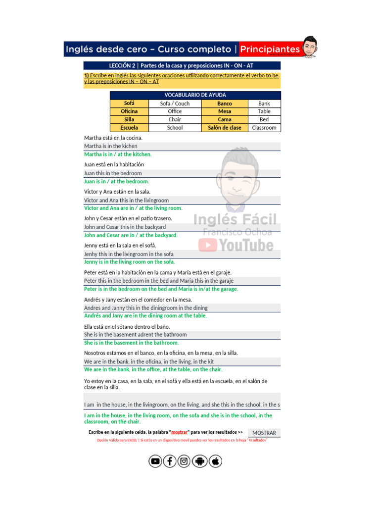 Lección 2 - Partes de La Casa y Preposiciones in On at | PDF