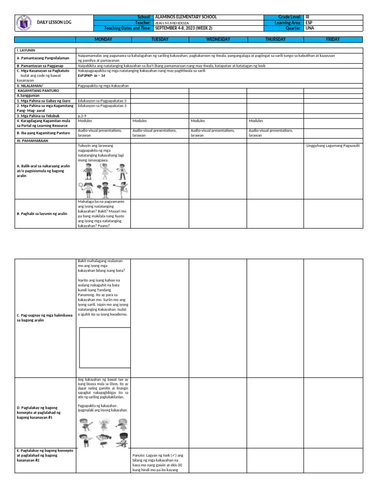 DLL - ESP 3 - Q1 - W2 - Nagpapakita NG Mga Natatanging Kakayahan Jean Mendoza WK 2 | PDF