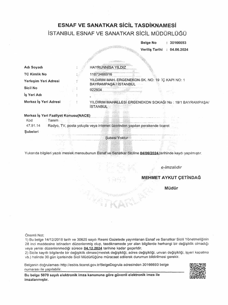 Esnaf Ve Sanatkar Si̇ci̇l Tasdi̇knamesi̇ | PDF