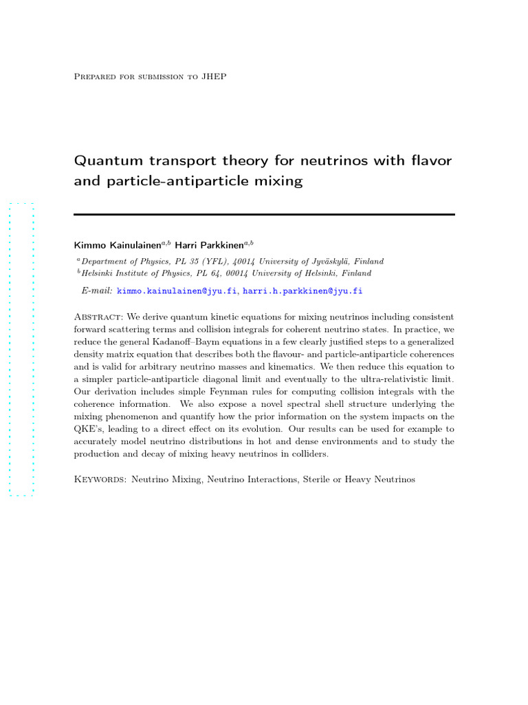 Quantum Transport Theory For Neutrinos With Flavor and Particle ...