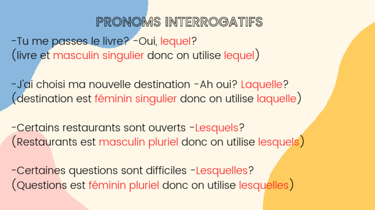 Laquel Lequel Pronoms Interrogatifs | PDF