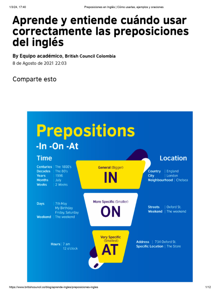 Preposiciones en Inglés - Cómo Usarlas, Ejemplos y Oraciones | PDF