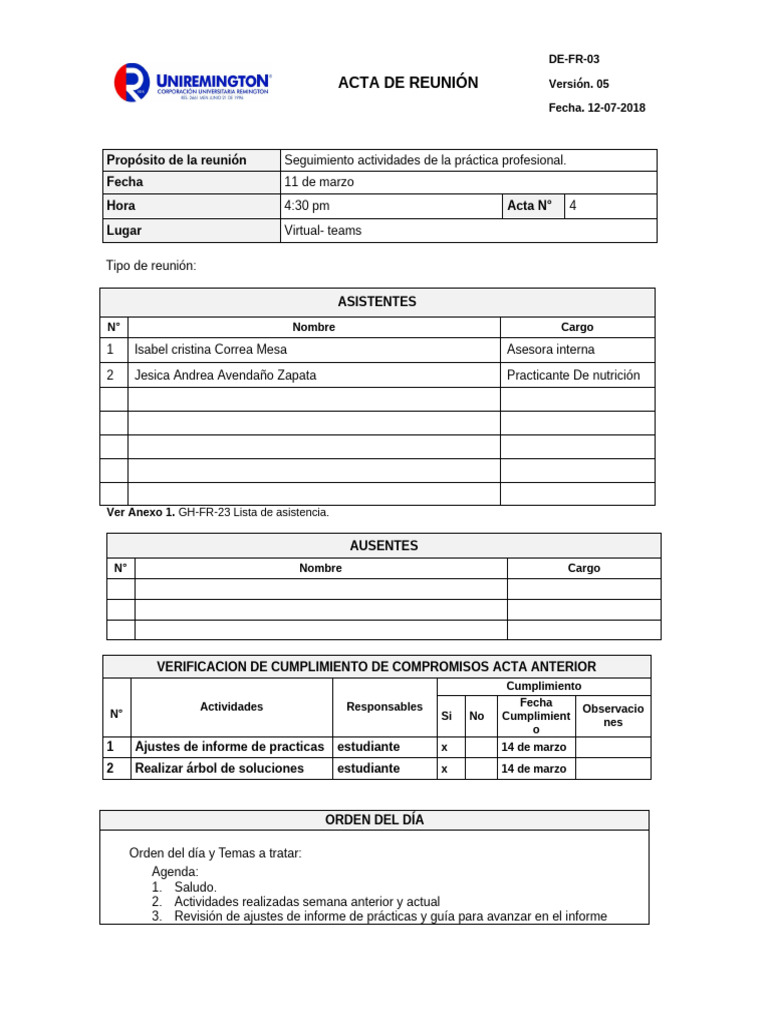 Anexo 3. Formato_ Acta de Reunión v.5 Acta 4 | PDF