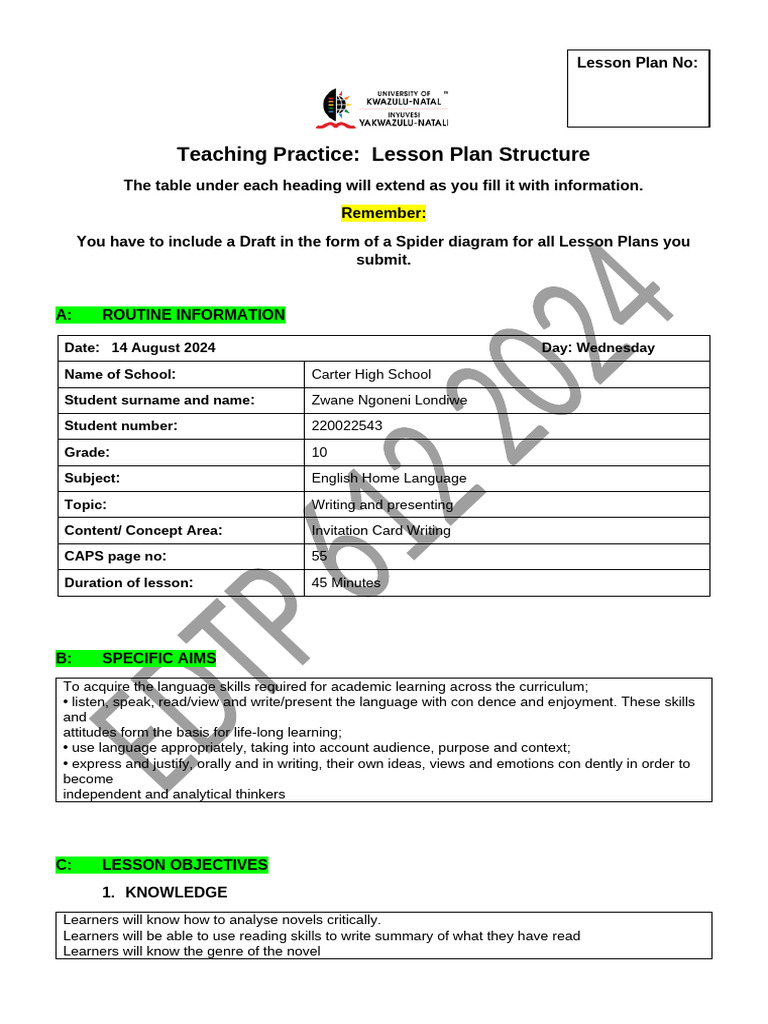 Lesson Plan Invitation Card | PDF