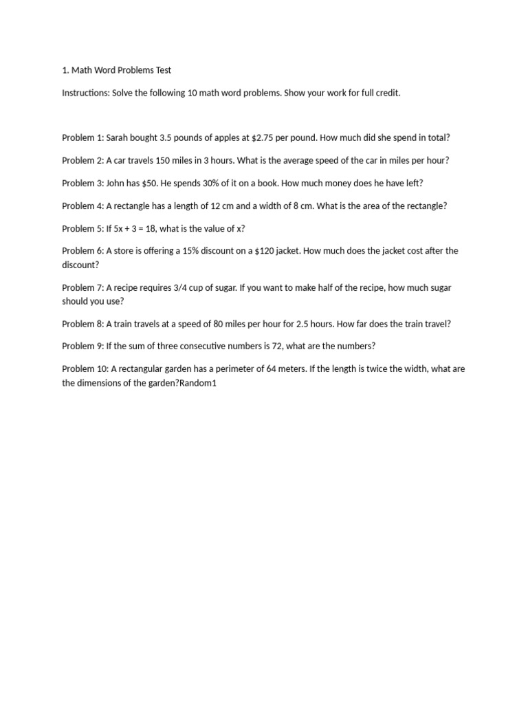 Math Word Problems Test | PDF