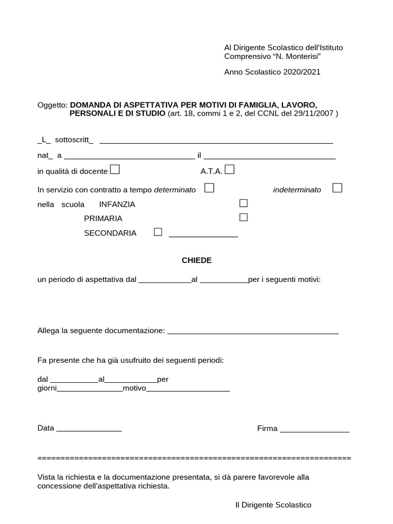 MODELLO ASPETTATIVA NON RETRIBUITA | PDF