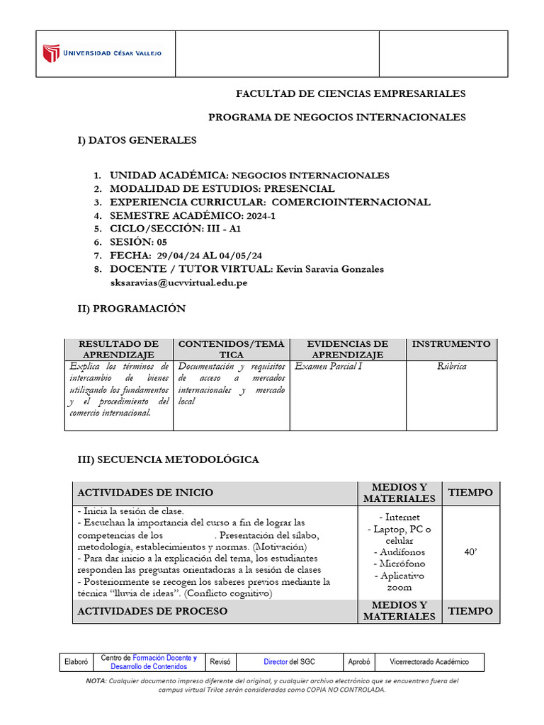 F14D-PP-PR-01.04 Diseño de Sesión de Aprendizaje V12 Sesión 05 | PDF | Salón de clases | Negocios