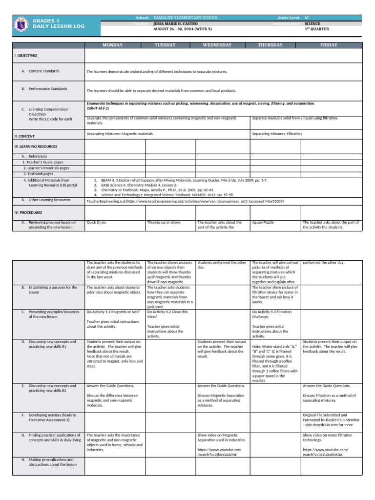 DLL - Science 6 - Q1 - W5 | PDF