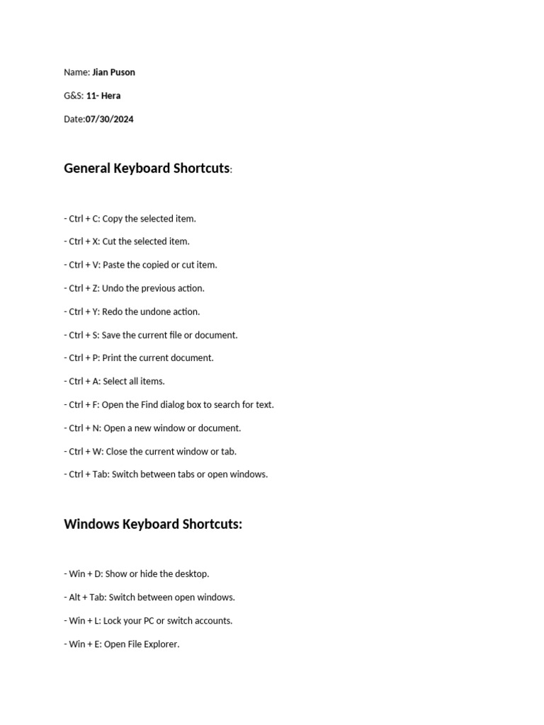 Keyboard Shortcuts | PDF