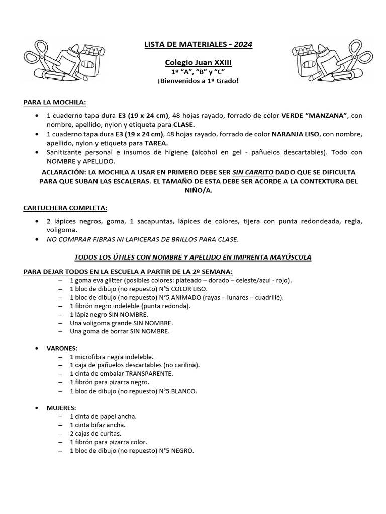 1er Grado ABC - Lista de Materiales 2024 | PDF