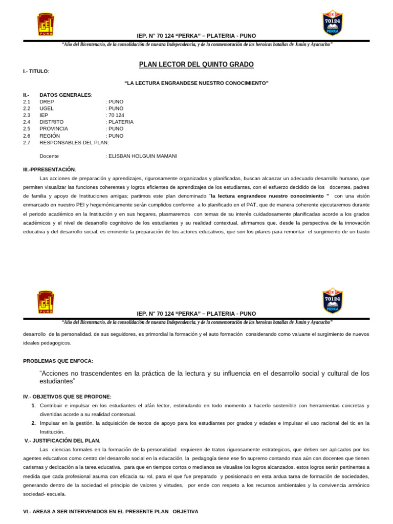 Plan Lector Quinto Pdf