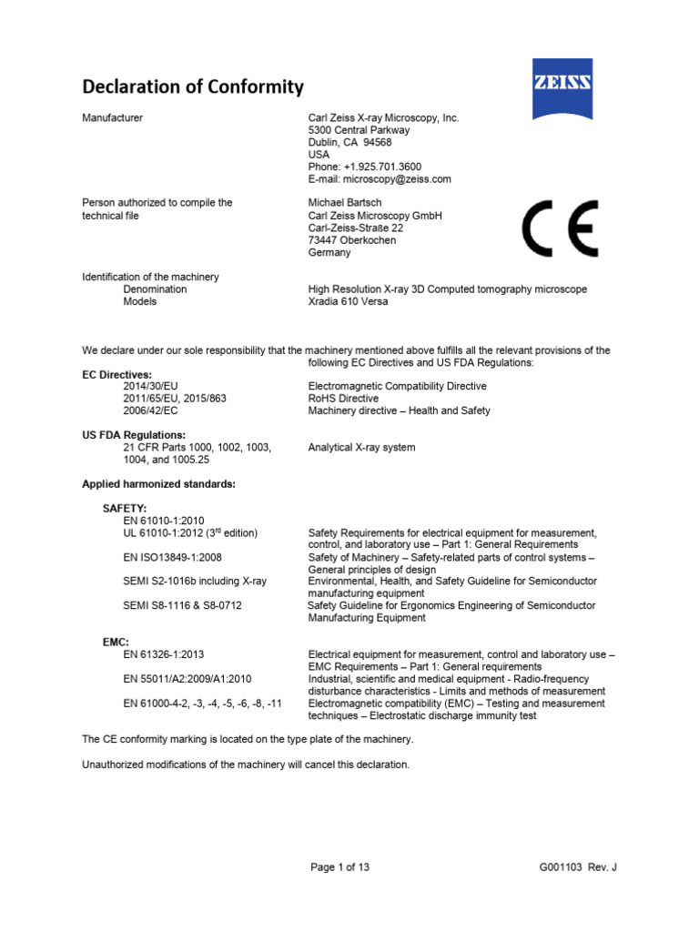 EN - Certificate - CE-declaration-of-conformity - Xradia 610 Versa | PDF
