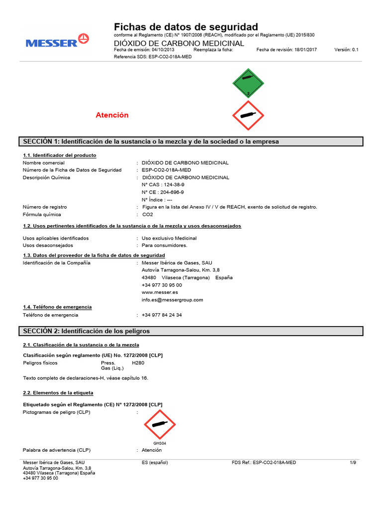 Ficha de Seguridad Dioxido de Carbono | PDF