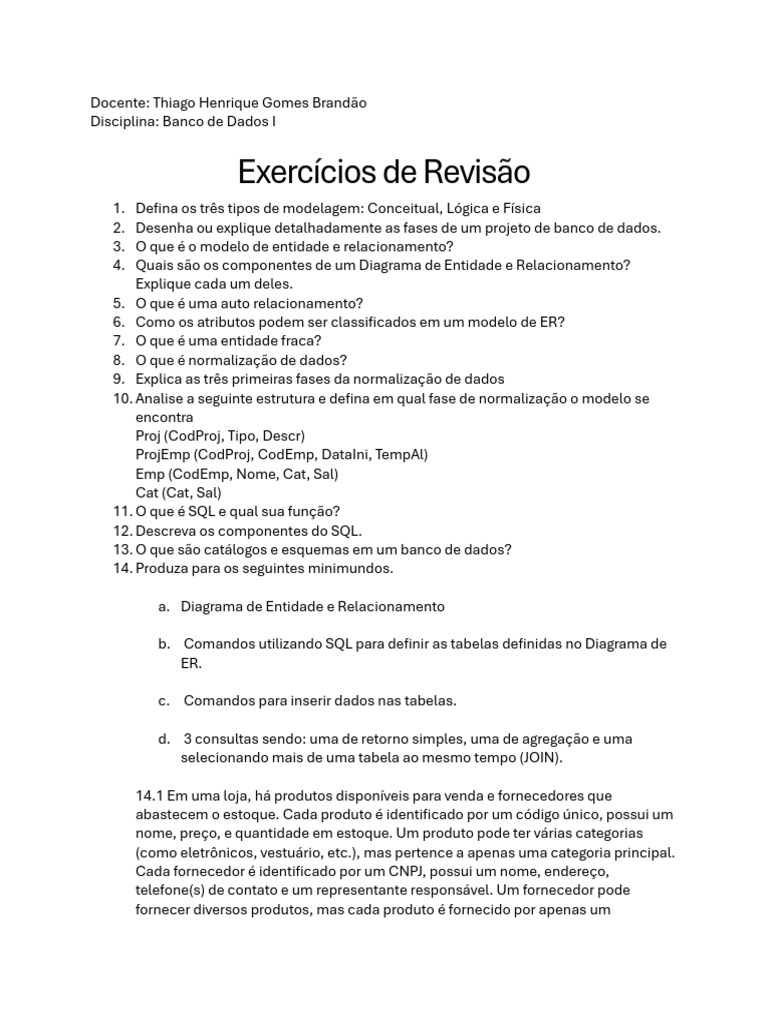 Exercicios BD - Preparação para Avaliação | PDF